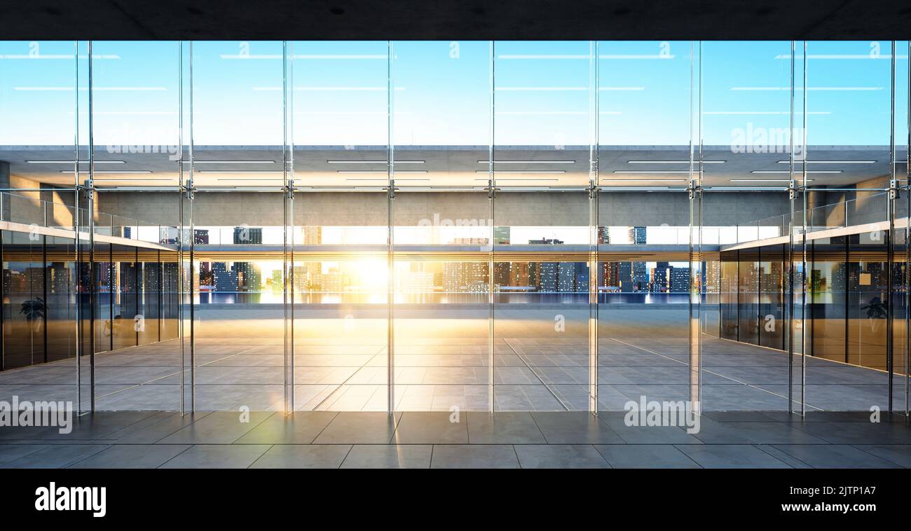 Modern glass wall commercial buildings reception lobby hall. Realistic ...