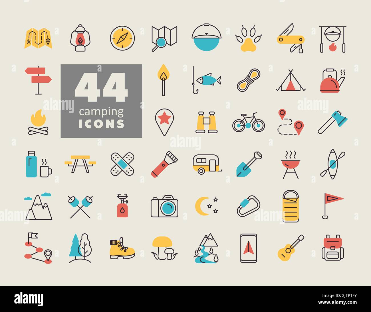 Camping, Hiking, Nature and Outdoor Activities isolated icons set ...
