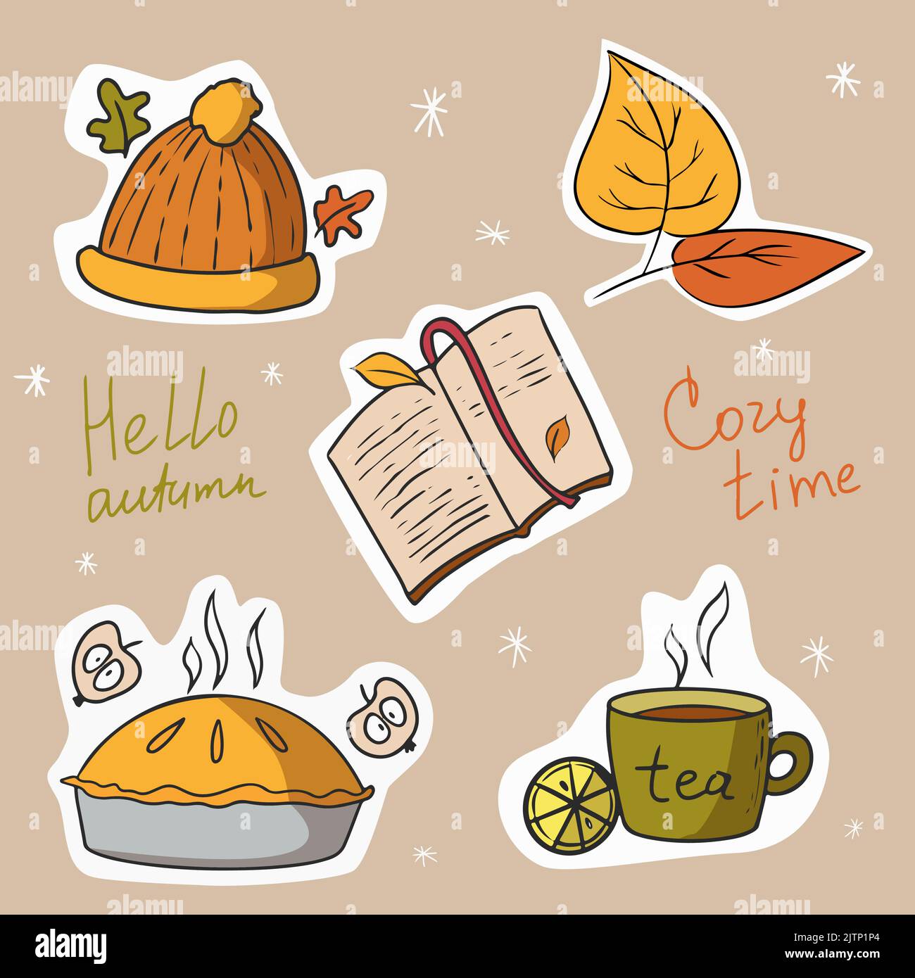 autumn sticker set cup of tea with lemon leaves hat open book and apple ...