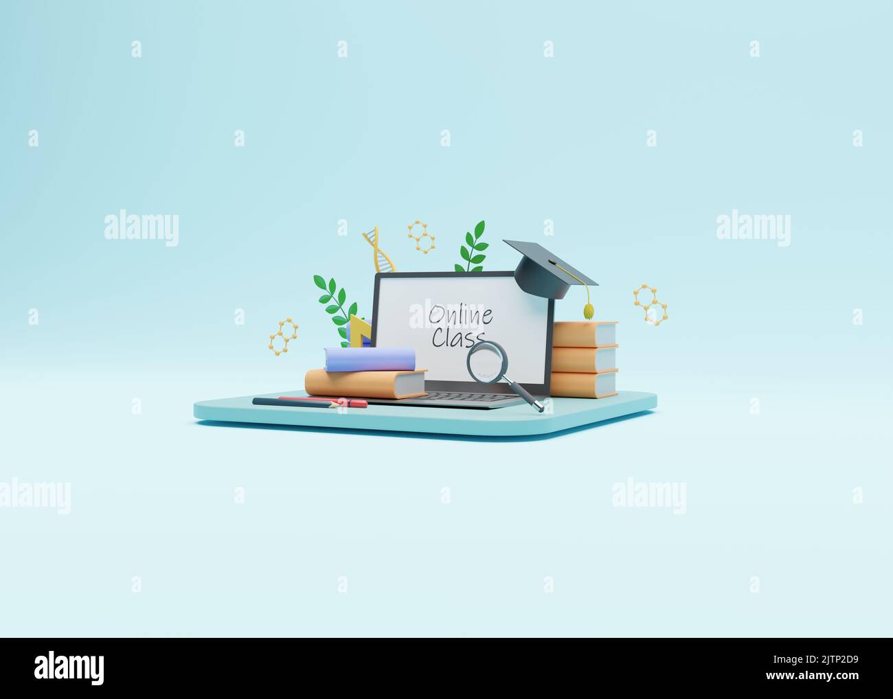 Learn online 3d rendering with laptop book graduation cap, learning concepts with online courses ...