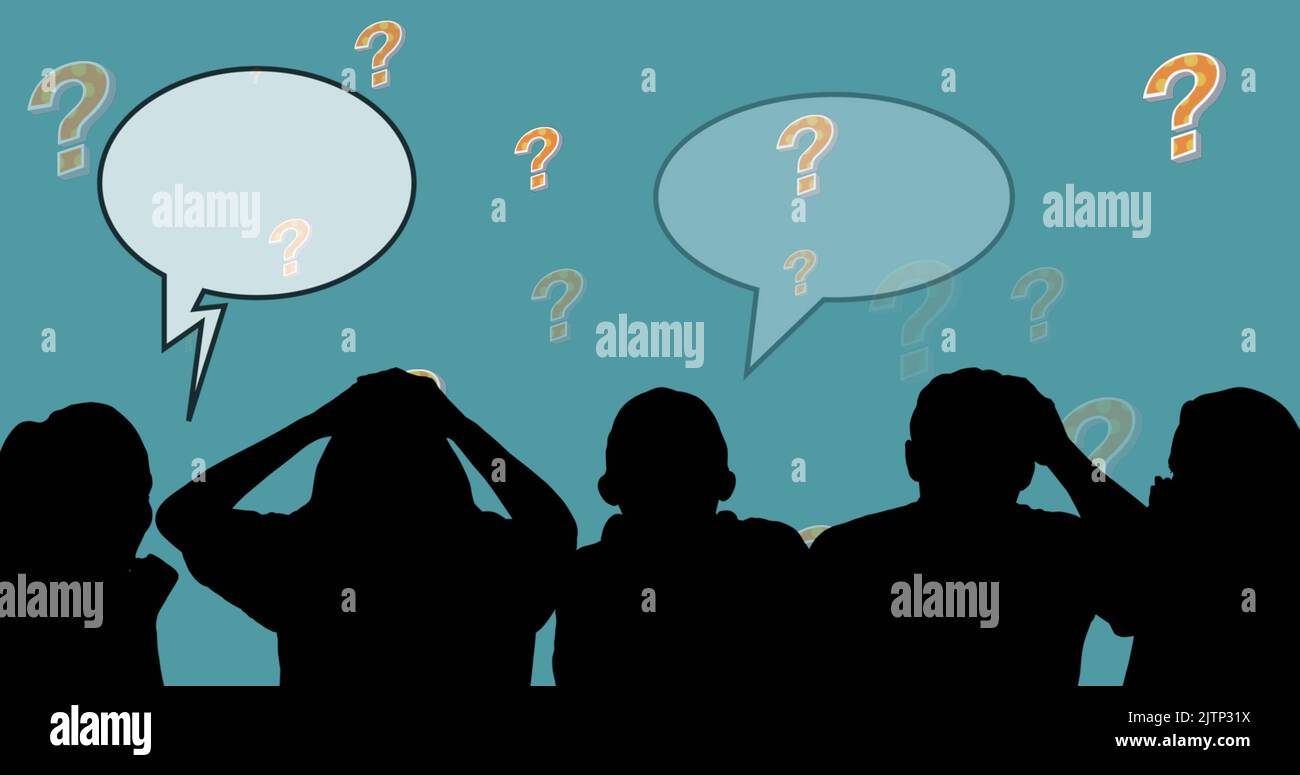Image of people silhouettes with speech bubble over question marks on ...
