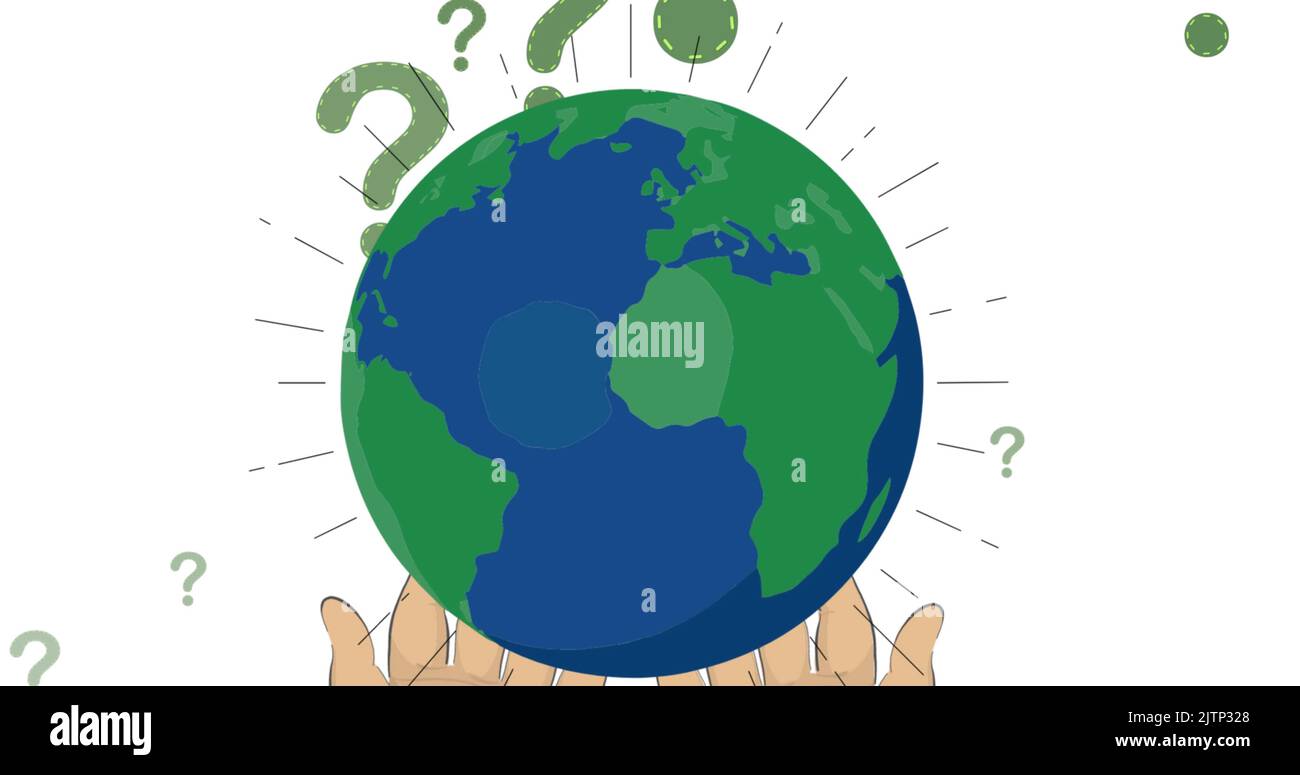 Image of hands holding globe over question marks on white background ...