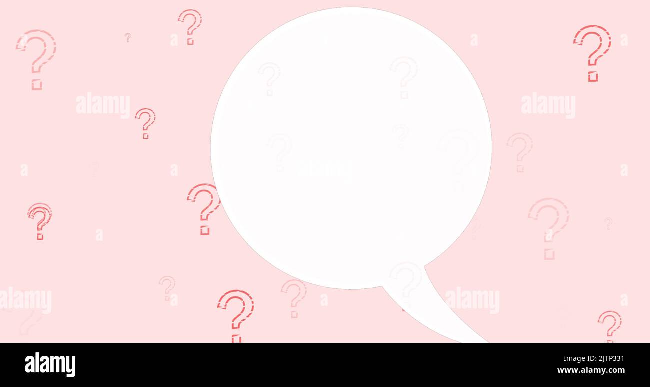 Image of speech bubble over question marks on pink background Stock ...