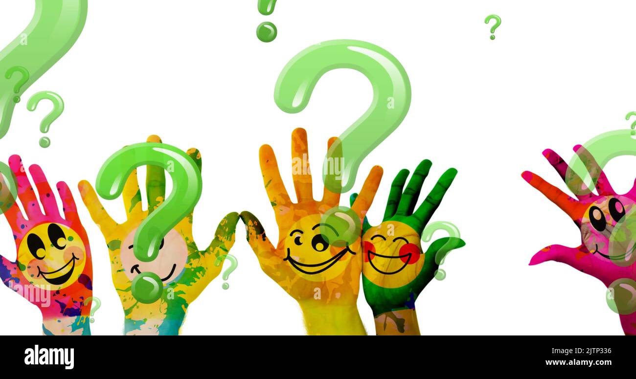 Image of question marks over hands with emoji icons on white background ...
