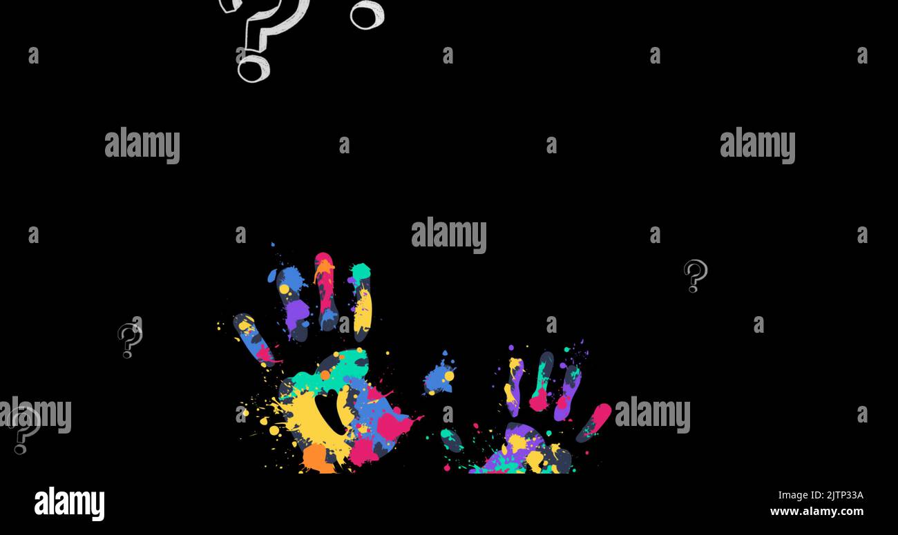 Image of question marks over handprints on black background Stock Photo ...