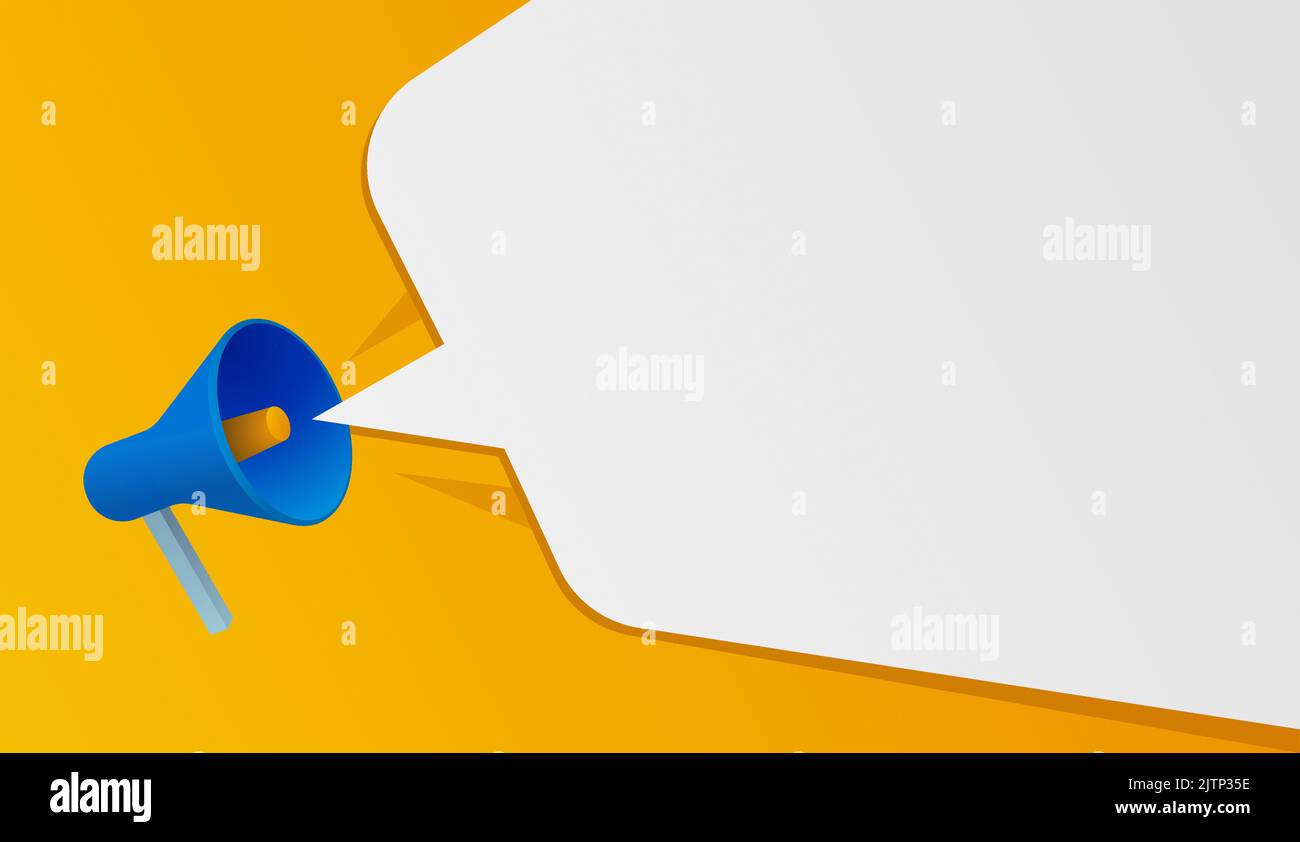 Blue megaphone with an empty speech bubble on orange background . Social media concept for ...