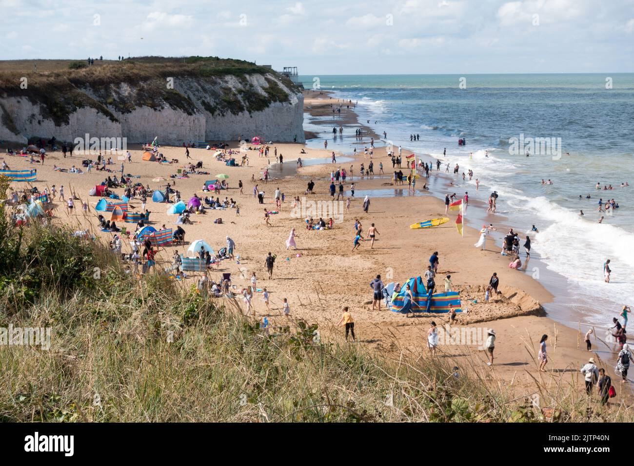 People enjoying beach at Botany Bay Kent as seen towards the North West ...