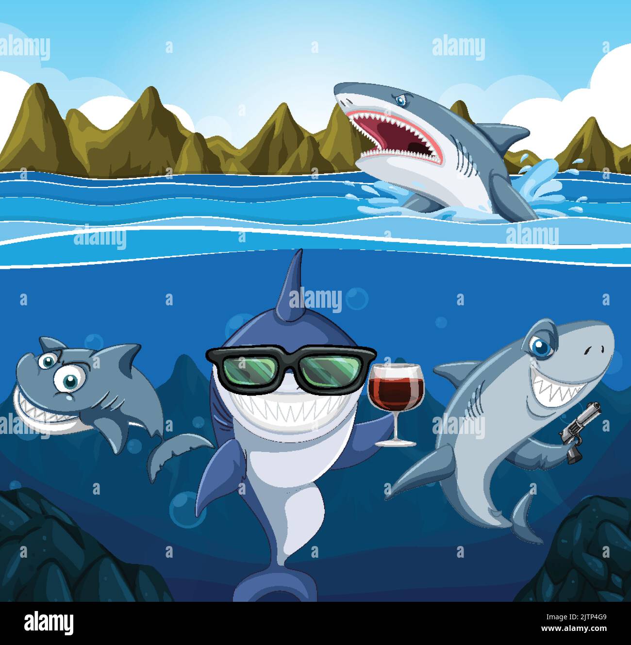 Shark cartoon character underwater scene illustration Stock Vector ...
