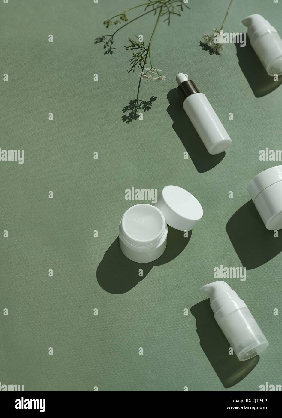 Cosmetic bottle containers with green herbal leaves, blank packaging ...