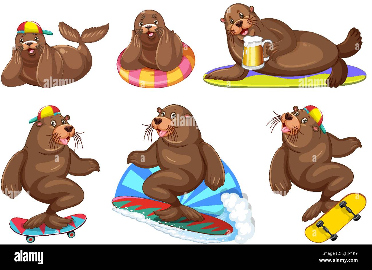 Set of different sea lions cartoon characters illustration Stock Vector ...