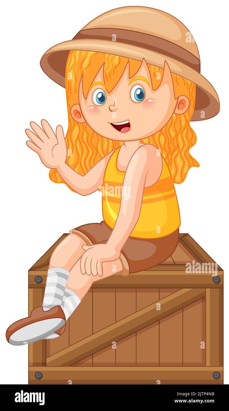 Cute girl sitting on wooden box illustration Stock Vector Image & Art ...