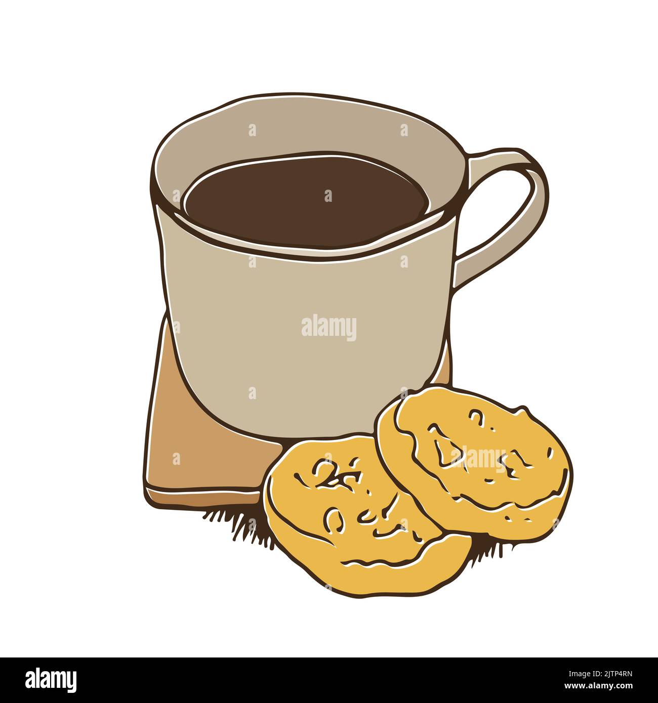 A cup of tea or coffee standing on a table, with biscuits, vector hand ...