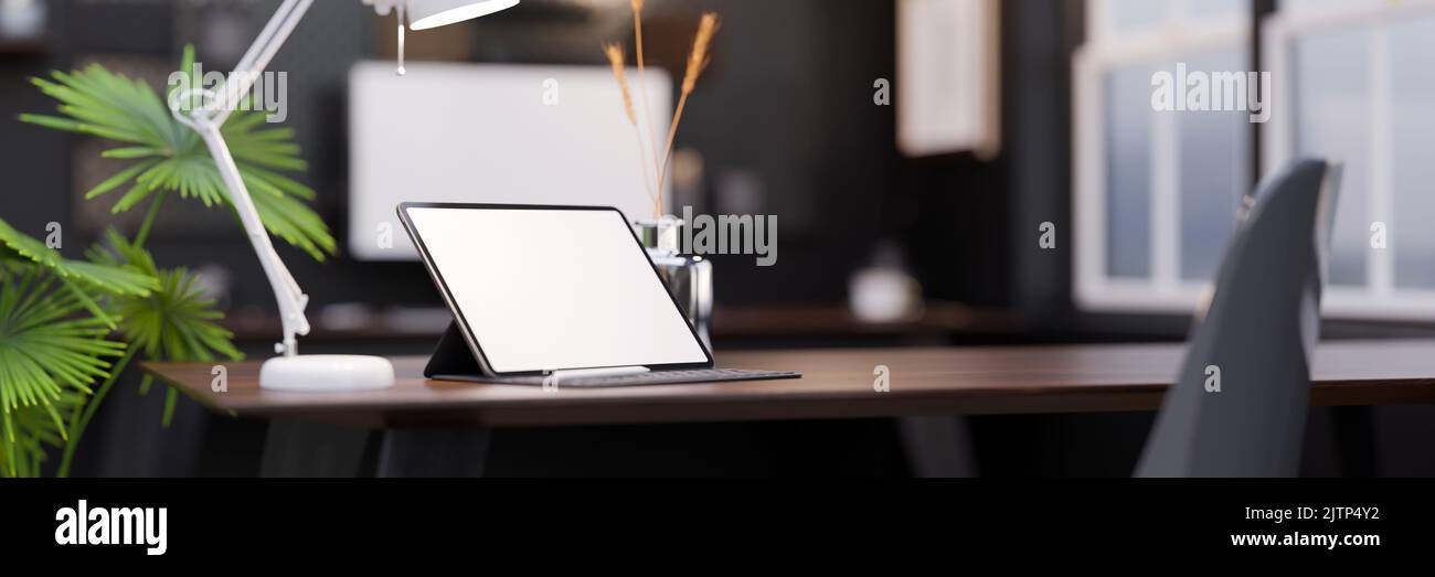 Modern office workplace with digital tablet touchpad white screen ...