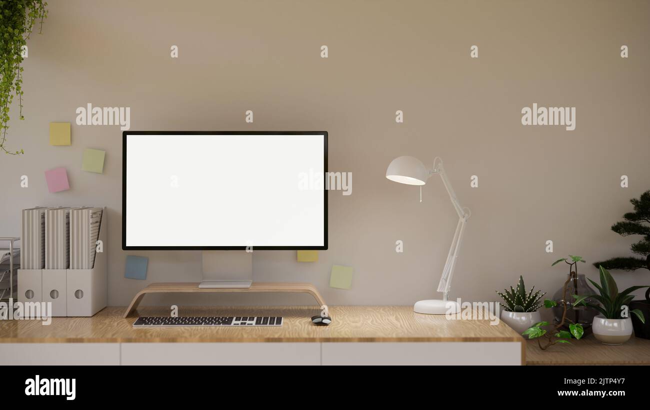 Minimal and cozy office desk workspace with modern pc computer screen ...