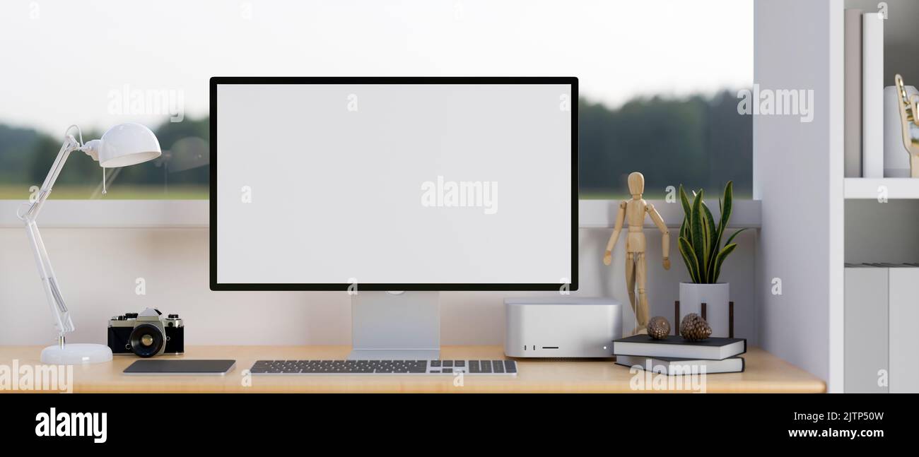 Minimal comfortable home working space interior design with pc desktop ...