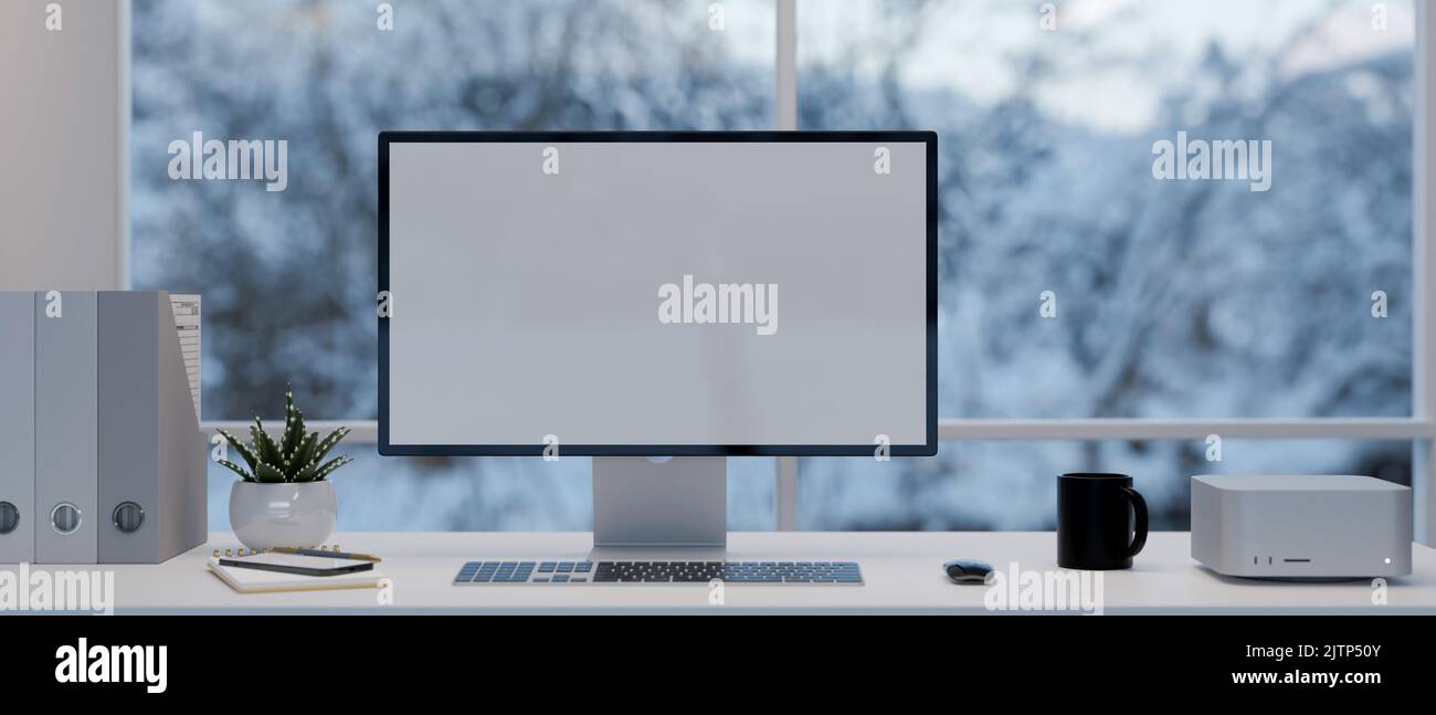 Modern contemporary office desk interior design with pc desktop ...