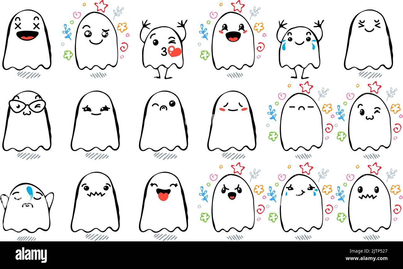 Set of Various Cartoon Ghosts with Emoticons. Doodle ghouls, eyes and ...