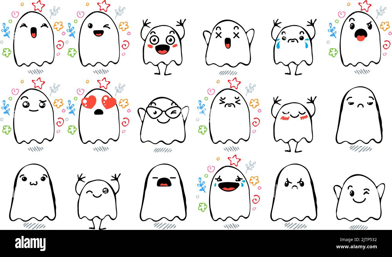 Set of Various Cartoon Ghosts with Emoticons. Doodle ghouls, eyes and ...