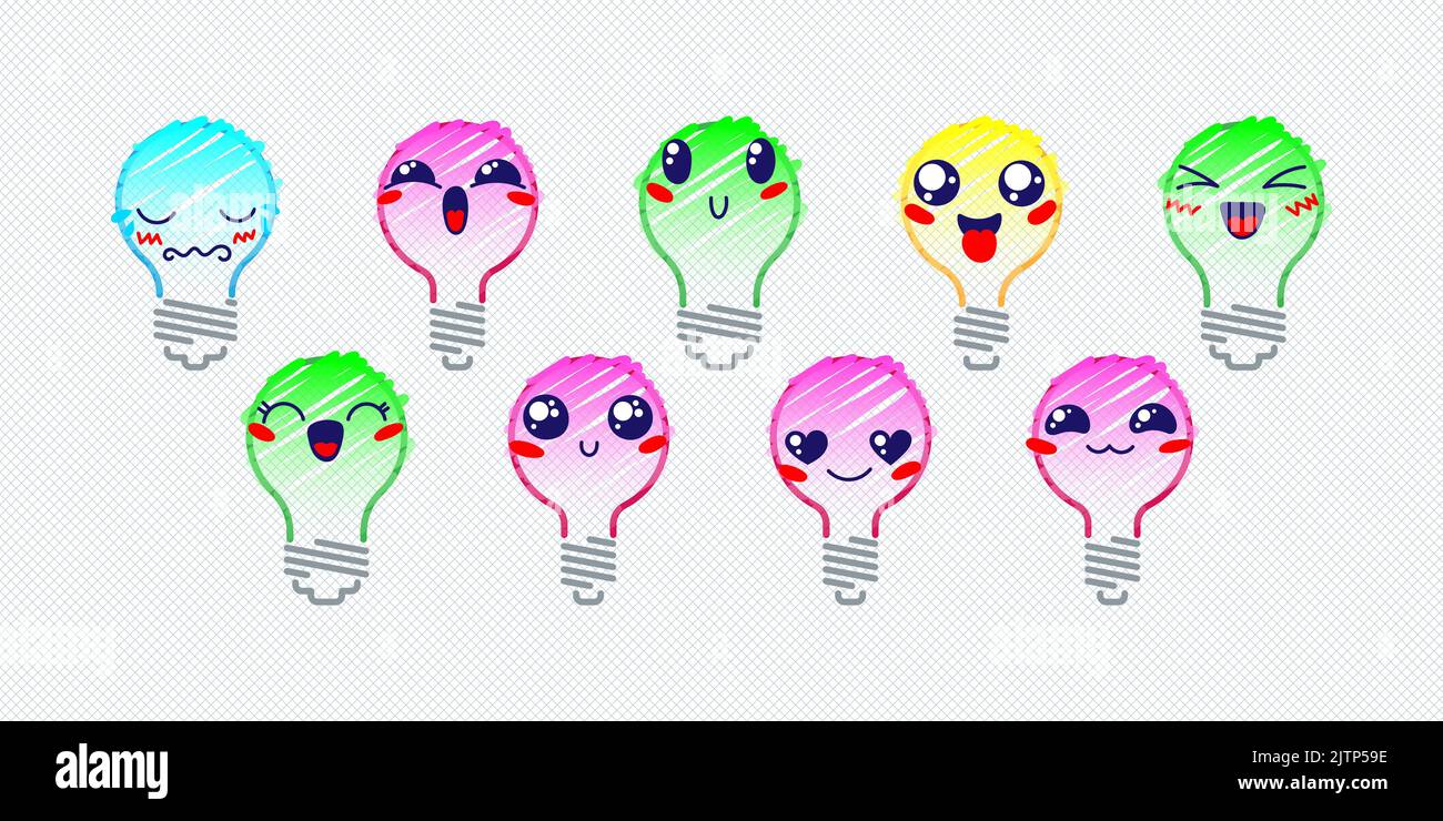 Set of Various Cartoon Bulbs with Emoticons. Doodle lightbulb, ideas ...