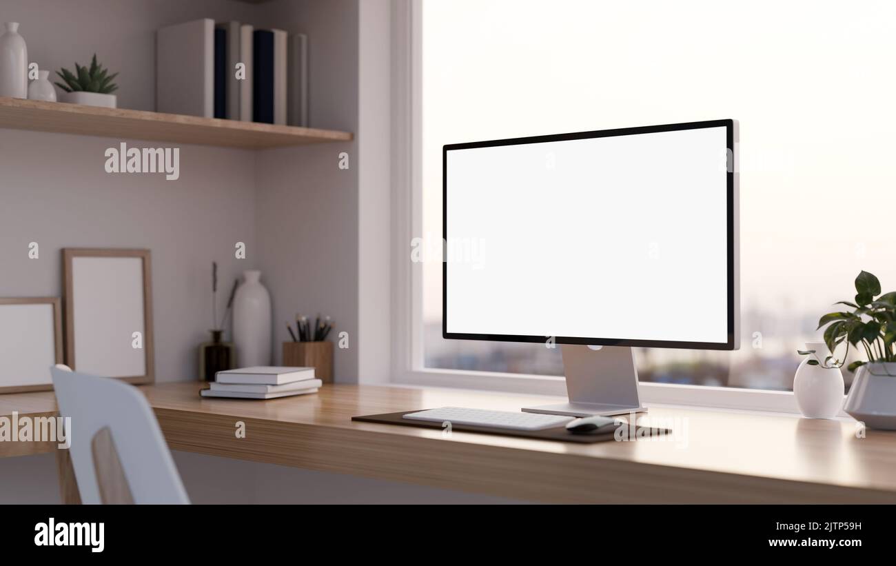 Comfortable minimal home office workplace interior design with PC ...