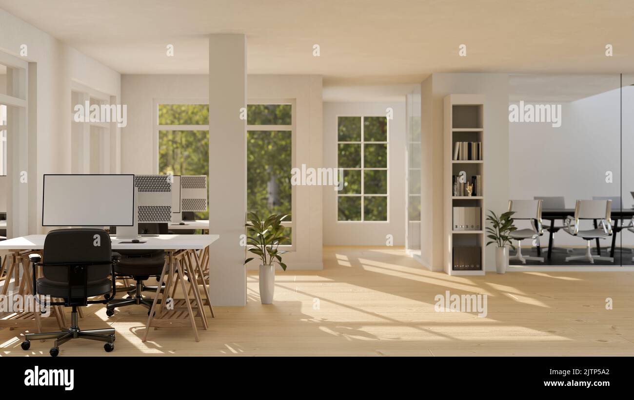Modern contemporary minimal office coworking space interior design with ...