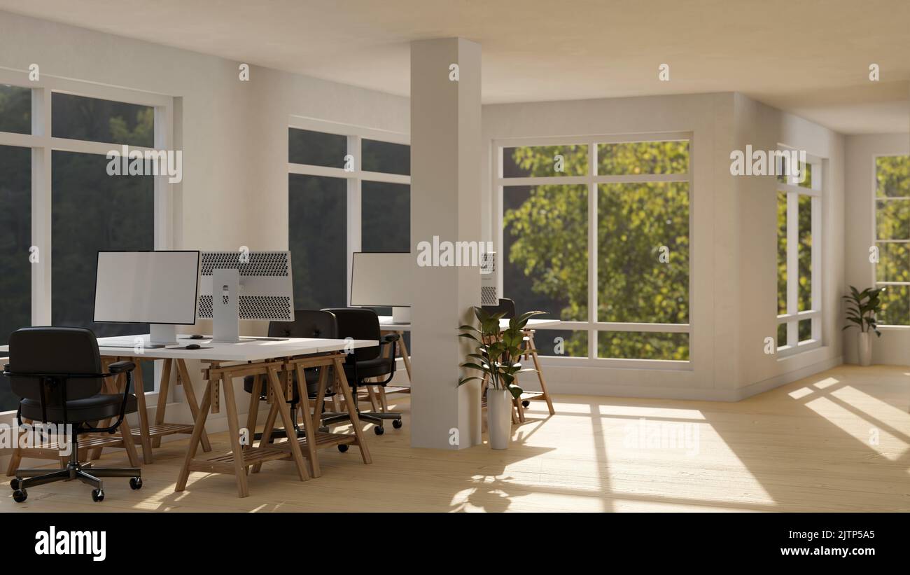 Modern urban white office workplace interior design with a rows of ...