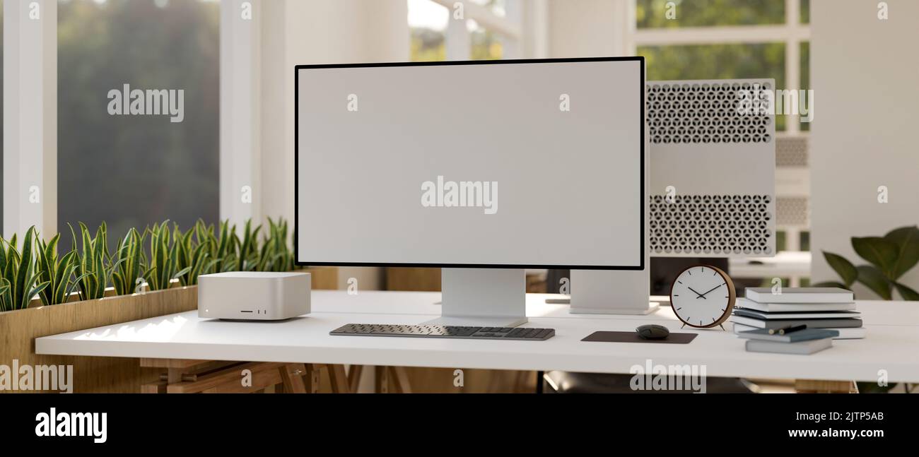 Urban minimal office building co-working space with modern PC desktop ...