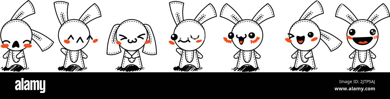 Outline Cartoon Rabbits. Emoticons, doodle faces, eyes and mouth ...
