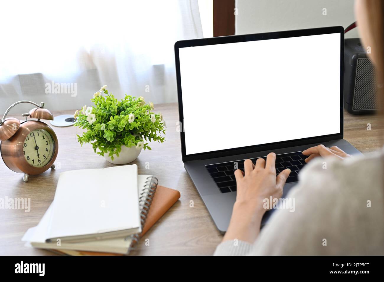 A businesswoman or female freelancer using notebook laptop computer ...