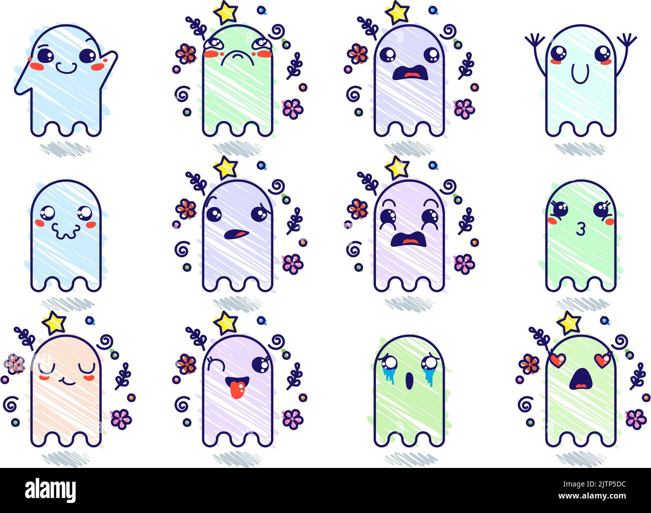 Set of Various Cartoon Ghosts with Emoticons. Doodle ghouls, eyes and ...