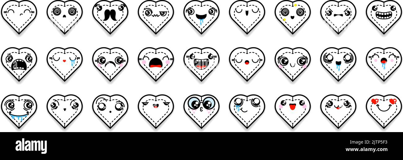 Set of cartoon heart icons with different emotions, smile, faces. Mixed ...