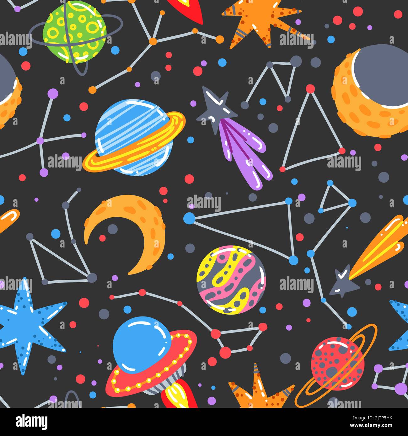 Seamless pattern with colorful space, planets, comets, constellations ...