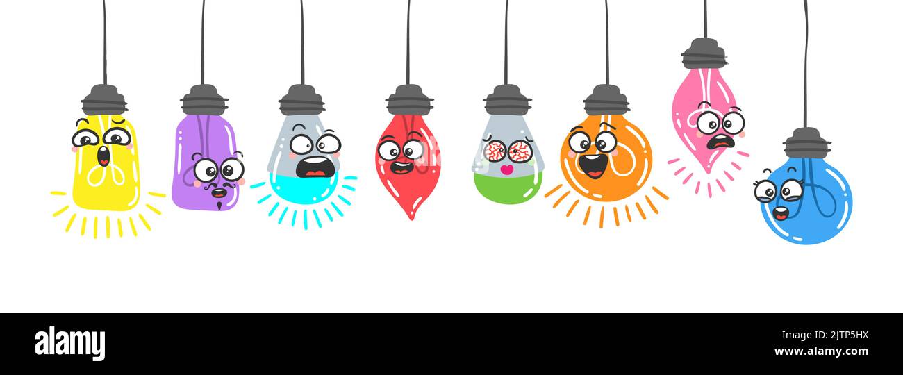 Set of Electric Light Bulb with Cartoon Emoticons. Doodle faces, eyes ...