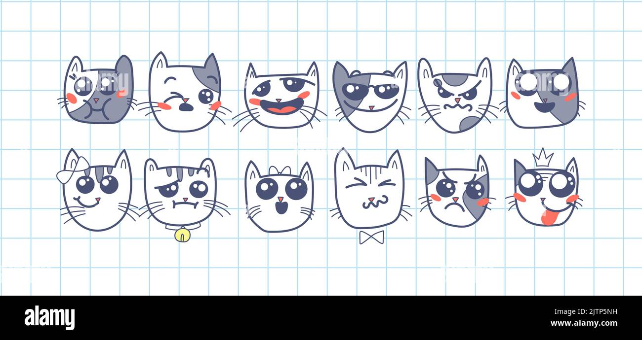 Doodle cat emoticons. Happy cartoon pets with big kawaii eyes, cute ...