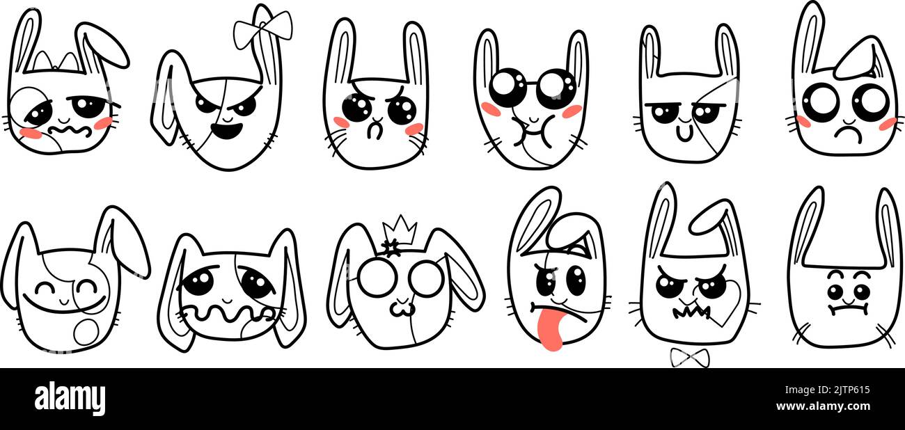 Cute Kawai rabbits. Different expression muzzles bunnies in doodle ...