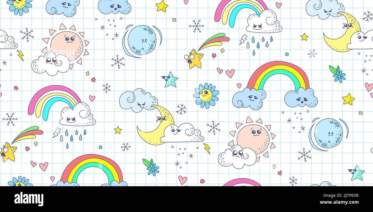 Cute doodle weather seamless pattern. Kawaii emotional weather ornamen ...