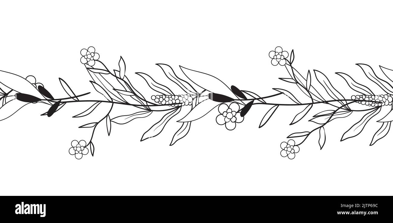 Vintage rustic seamless pattern border with floral motif. Flowers black ...