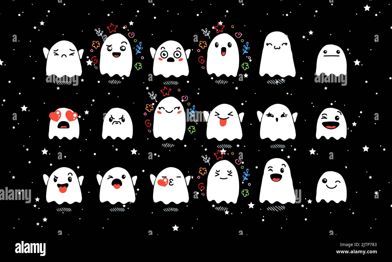 Set of Various Cartoon Ghosts with Emoticons. Doodle ghouls, eyes and ...