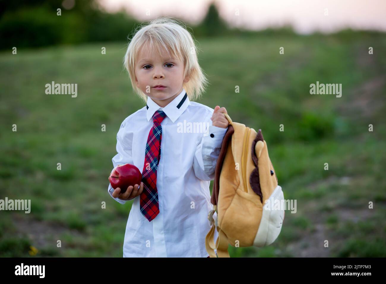Preschool blond child, cute boy in uniform, holding apple, going in ...