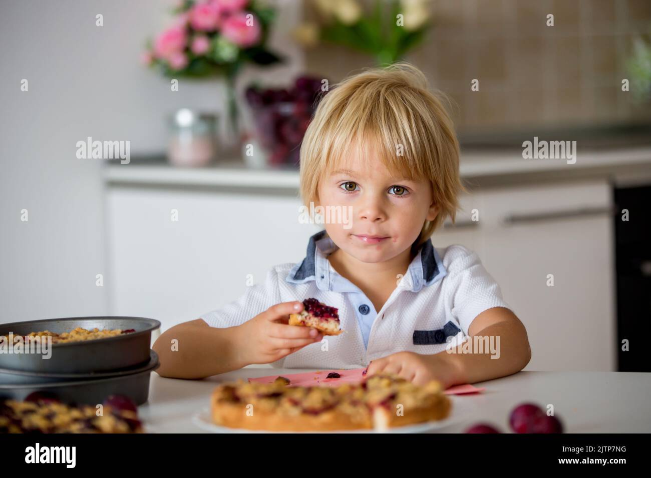 Cute little toddler child, eating homemade plum pie at home, tasty ...