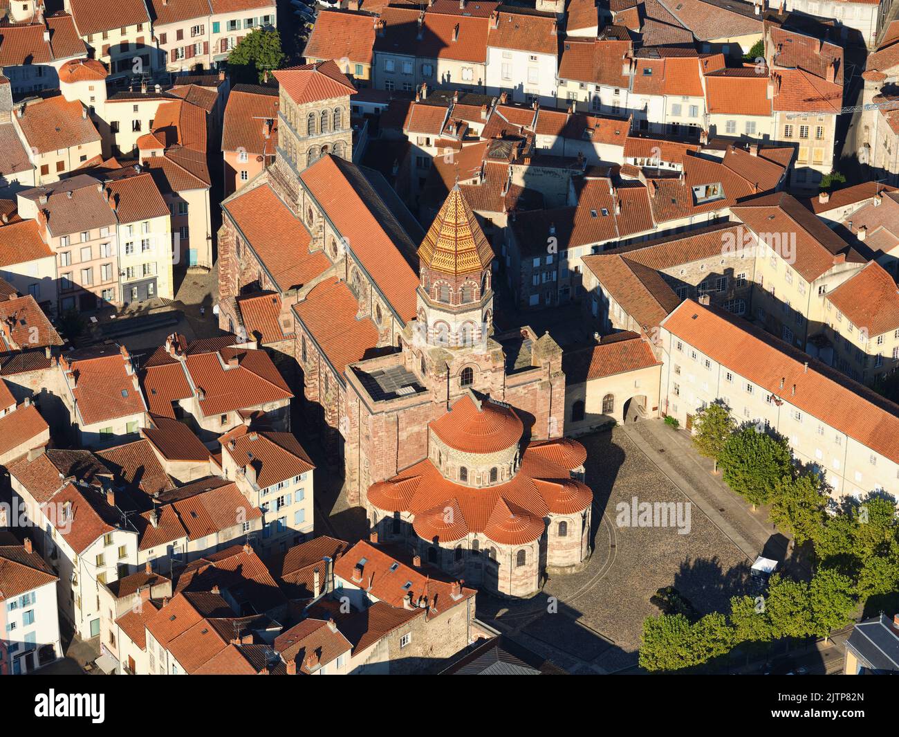 AERIAL VIEW. Basilica of Saint-Julien. Brioude, Haute-Loire, Auvergne ...