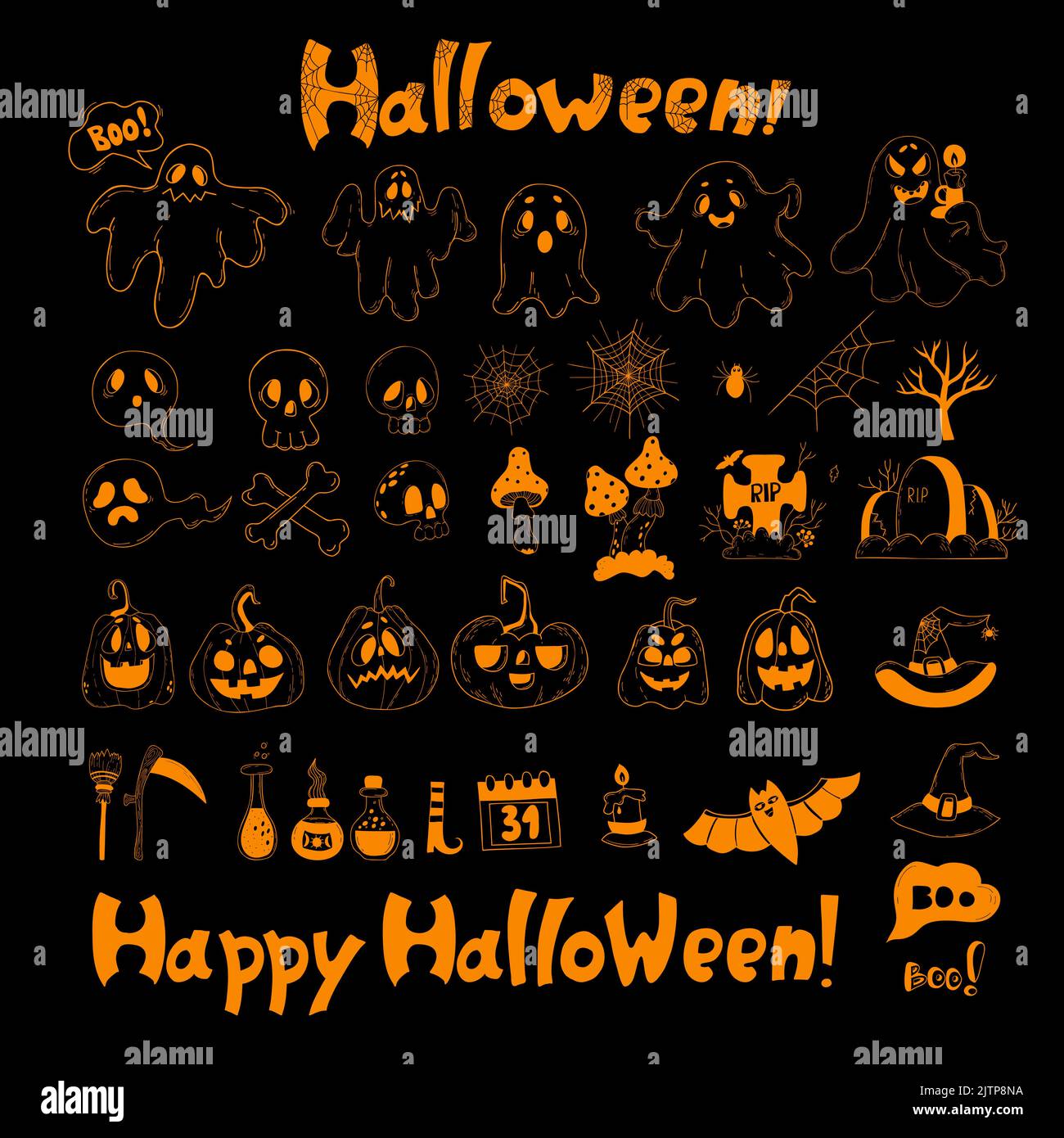 Big set Halloween doodles. Jack pumpkin, ghost, web, grave, skull ...