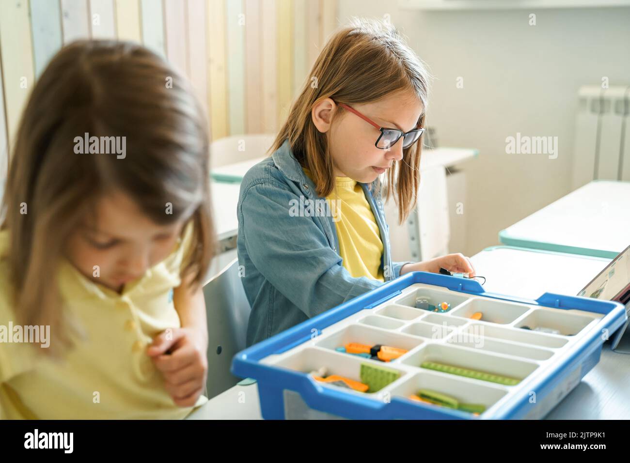 Programming work, learning robotics in elementary school. Children ...