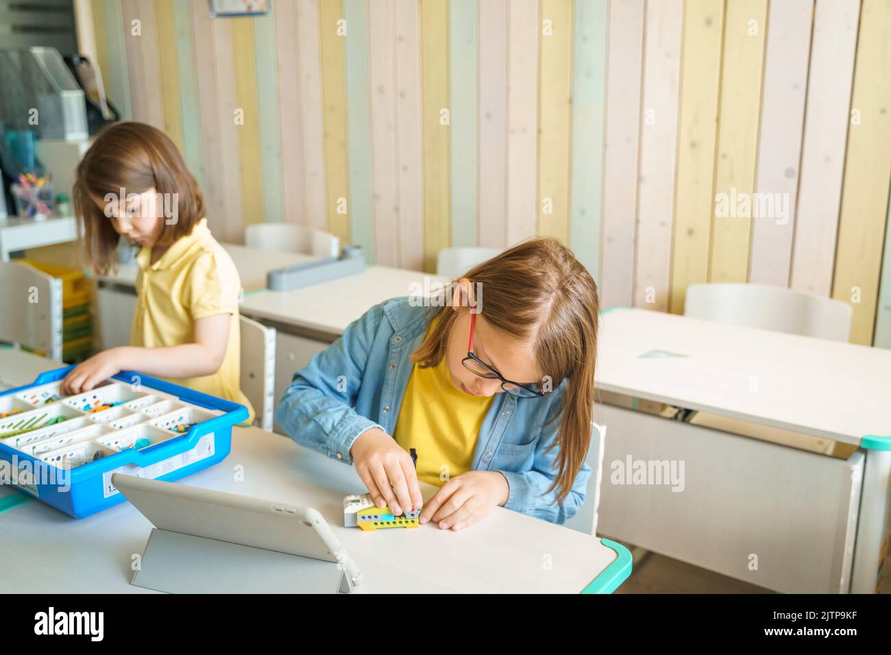 Programming work, learning robotics in elementary school. Children ...