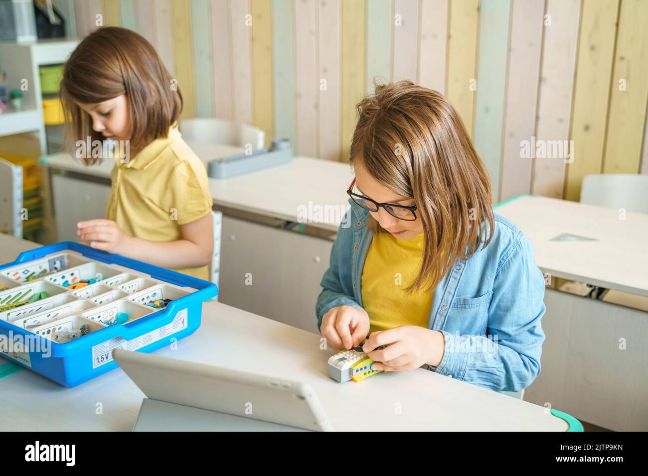 Programming work, learning robotics in elementary school. Children ...