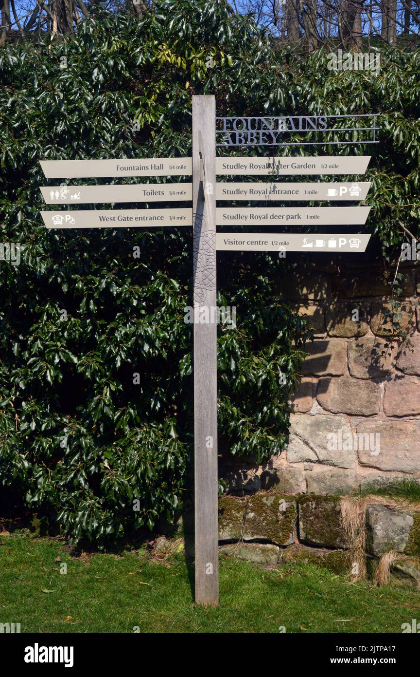 Wooden Signpost in the Grounds of the Ruins of Fountains Abbey ...