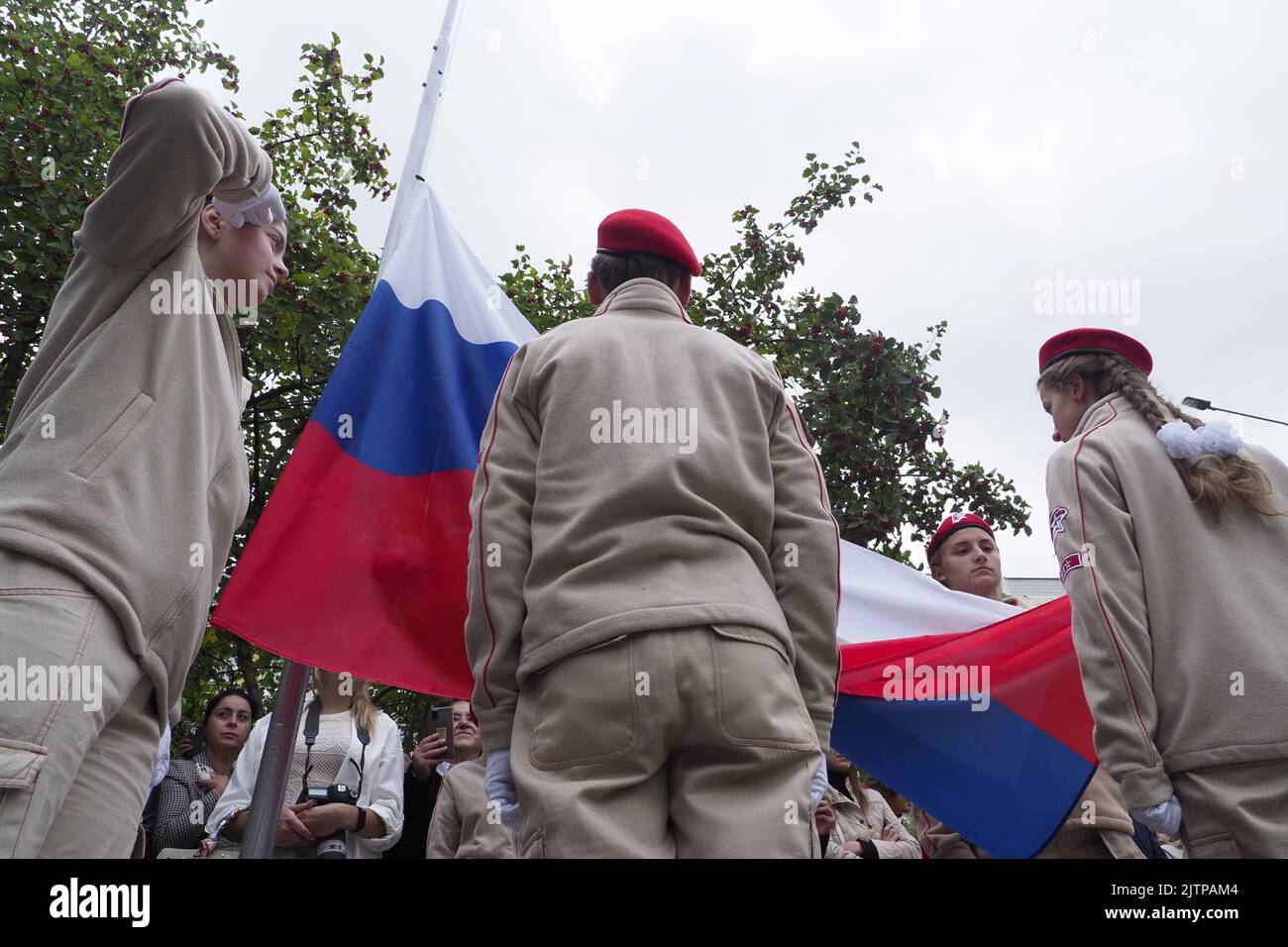 01.09.2022. Russia, Moscow. School students on the celebratory assembly ...