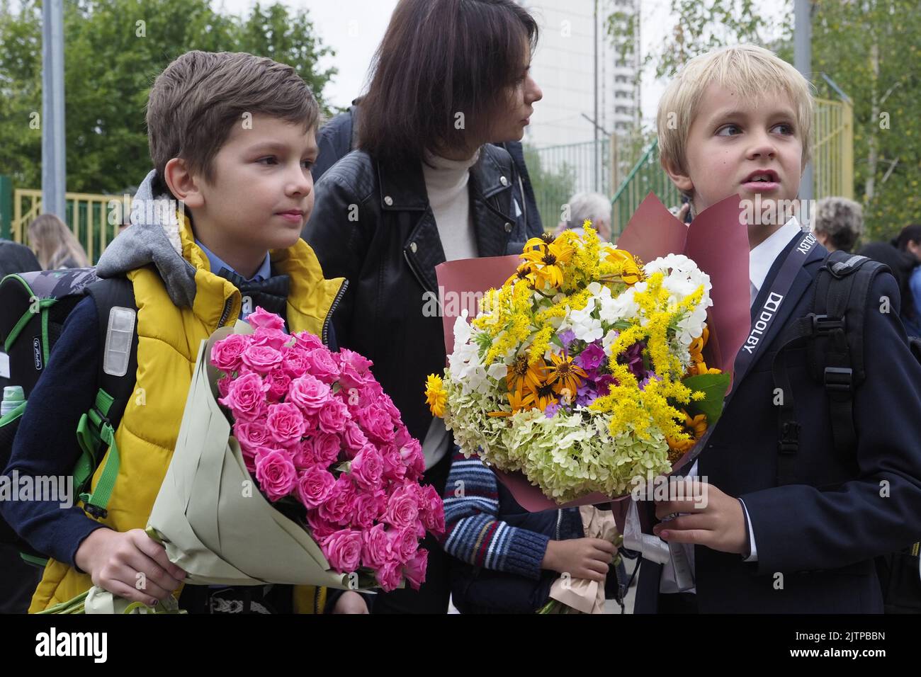 01.09.2022. Russia, Moscow. School students on the celebratory assembly ...