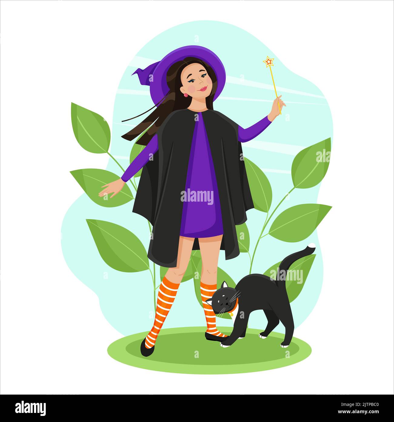 A cute witch in a robe and a big hat with a magic wand in her hand, a ...