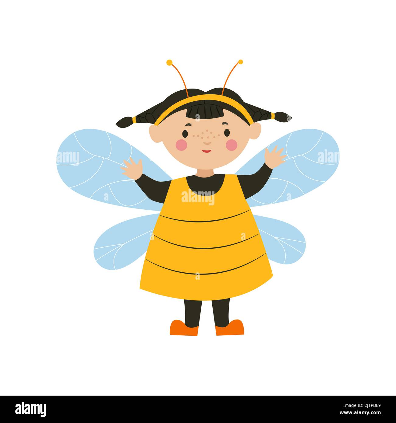 A girl in a bee costume for Halloween. A child in a carnival costume. Vector illustration in ...